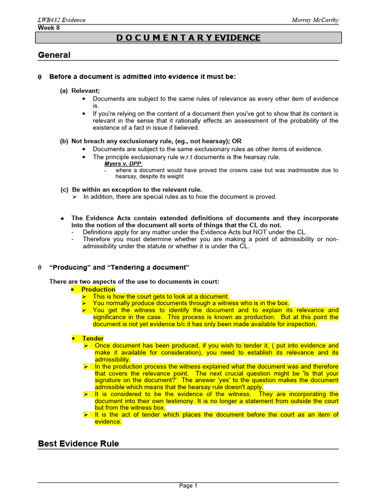 Documentary Evidence | PDF | Hearsay | Evidence (Law)