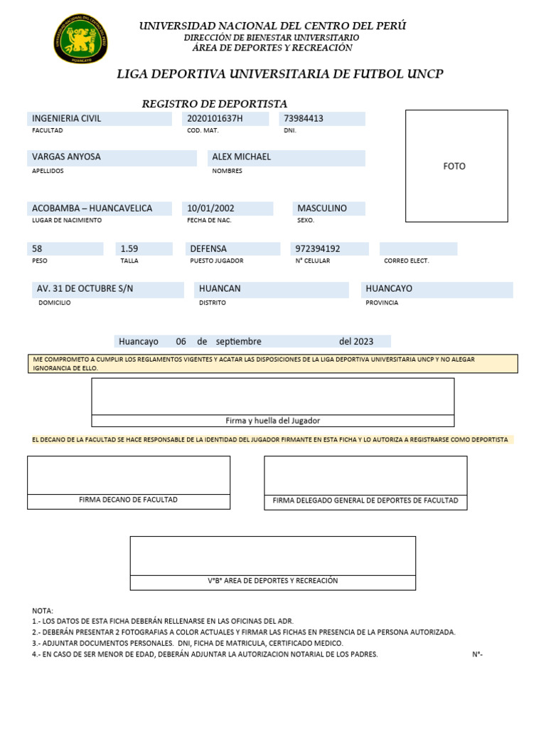 Ficha de Inscripcion de Futbol | PDF