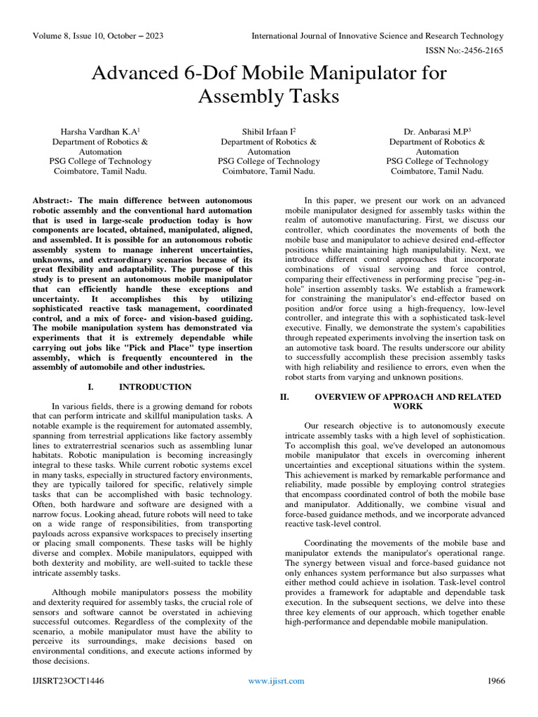 Advanced 6-Dof Mobile Manipulator For Assembly Tasks | PDF | Robotics ...
