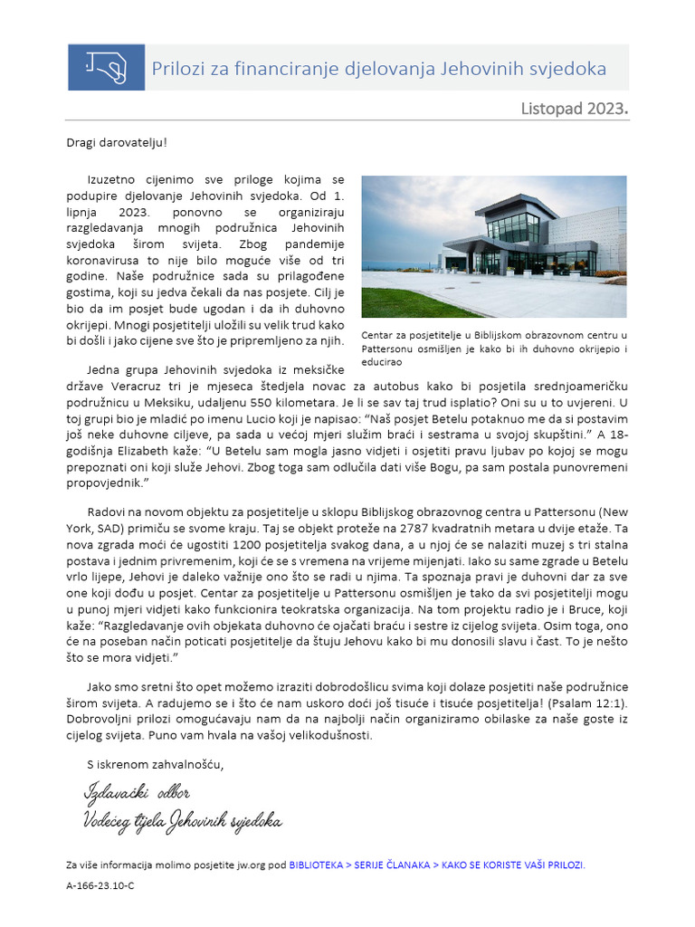 Prilozi Za Financiranje Djelovanja Jehovinih Svjedoka: Listopad 2023 | PDF