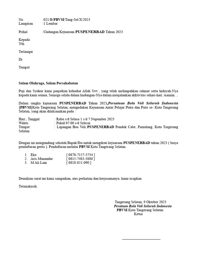Undangan Kejuaraan PUSPENERBAD 2023 | PDF