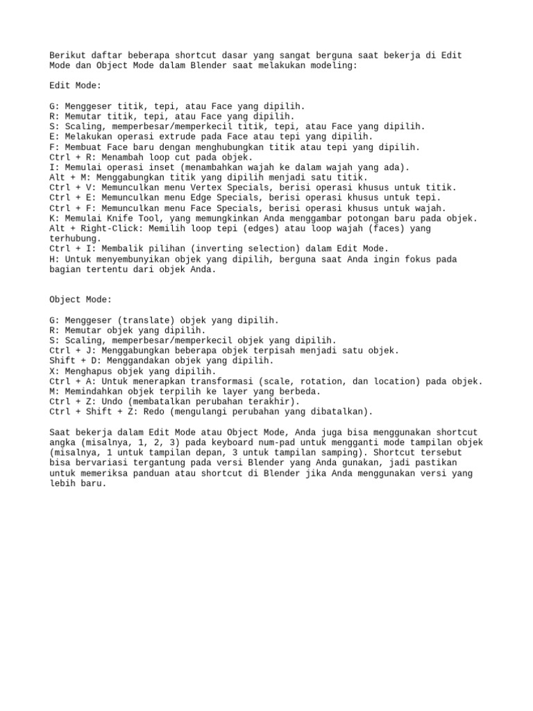 Shortcut Dasar Blender untuk Modeling | PDF