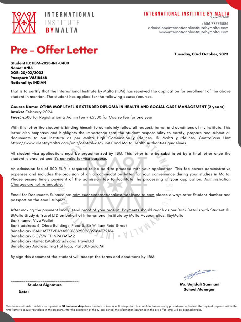 Anuj - Health and Care Pre Offer Letter 2023 | PDF | Fee | Travel Visa