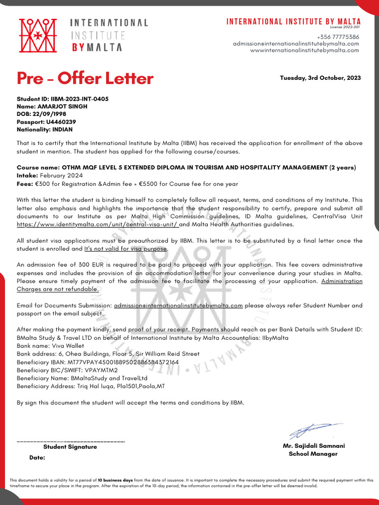 Amarjot Singh - Tourism Pre Offer Letter 2023 | Download Free PDF | Fee ...