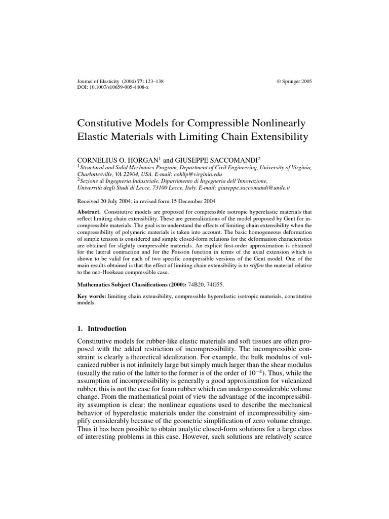 Constitutive Models For Compressible Nonlinearly Elastic Materials With Limiting Chain ...