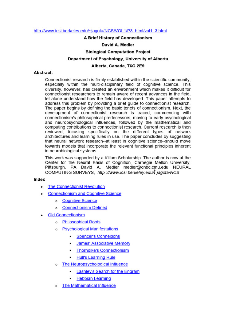 A Brief History of Connectionism | PDF | Cognitive Science | Idea