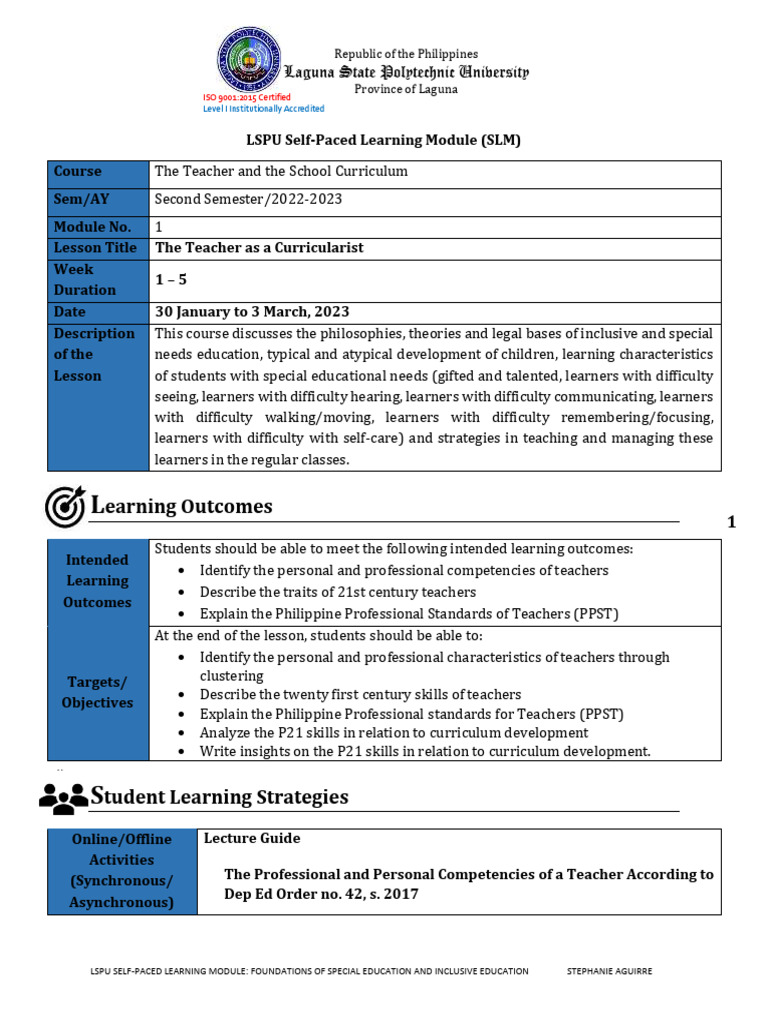 Module 1 The Teacher and The School Curriculum | PDF | Curriculum ...