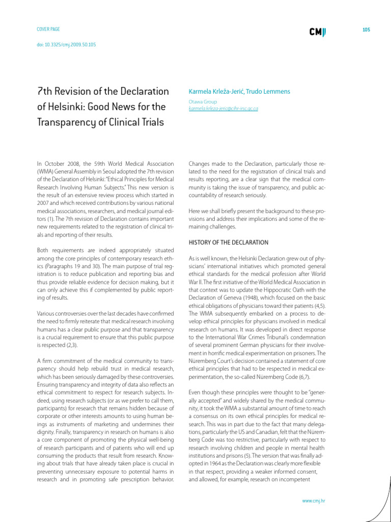 7th Revision Declaration Of Helsinki Croat Mj Pdf Clinical Trial