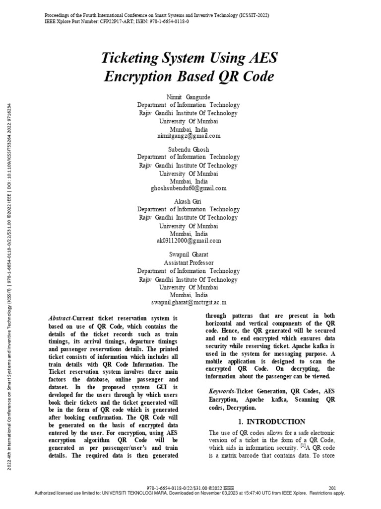 Ticketing System Using AES Encryption Based QR Code | PDF | Qr Code | Encryption