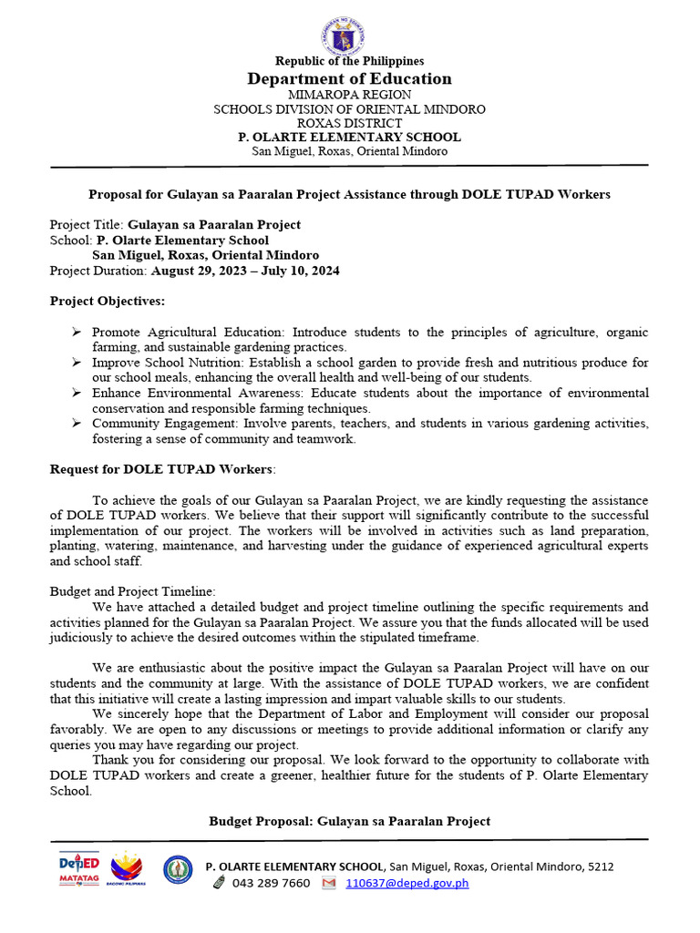 Gulayan Sa Paaralan 2023 Project Proposal | PDF | Agriculture | Infrastructure