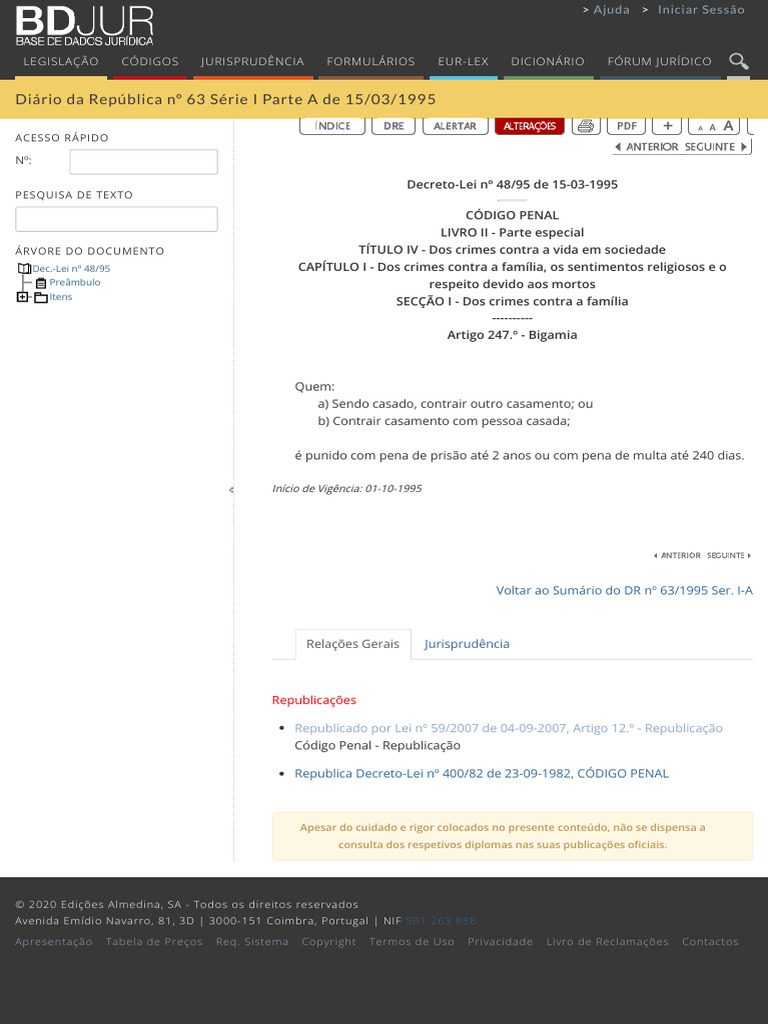 Artigo 247.º - Bigamia - Decreto-Lei nº 4895 de 15-03-1995 - BDJUR | PDF | Crimes | Crime e ...