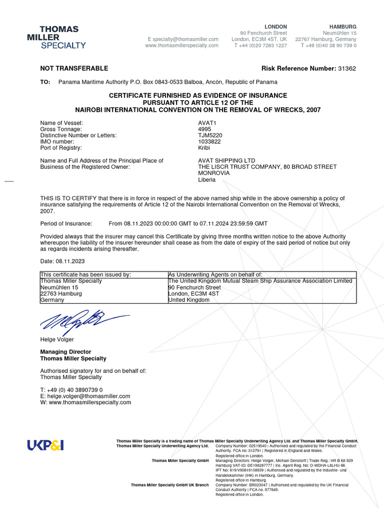 Wreck Removal Insurance Certificate for AVAT1 | PDF | Insurance ...