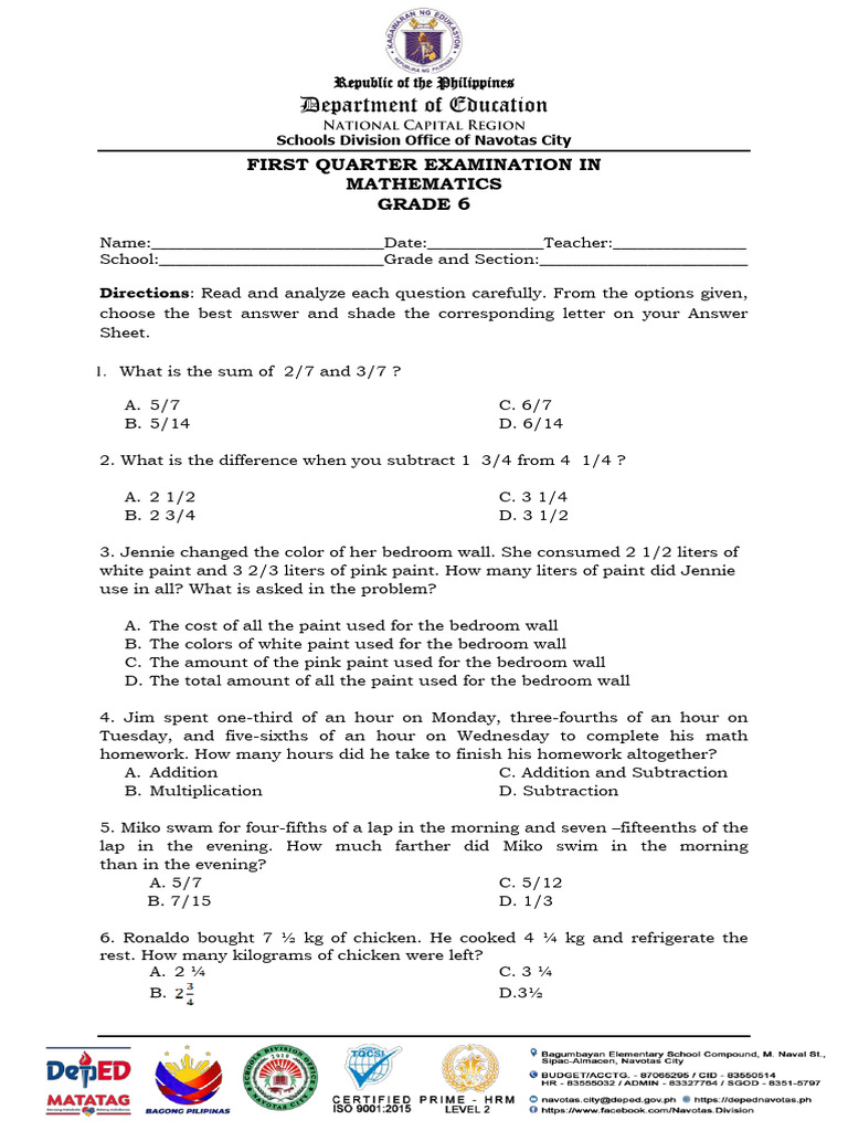 First Quarter Examination G6 Mathematics | PDF | Home & Garden