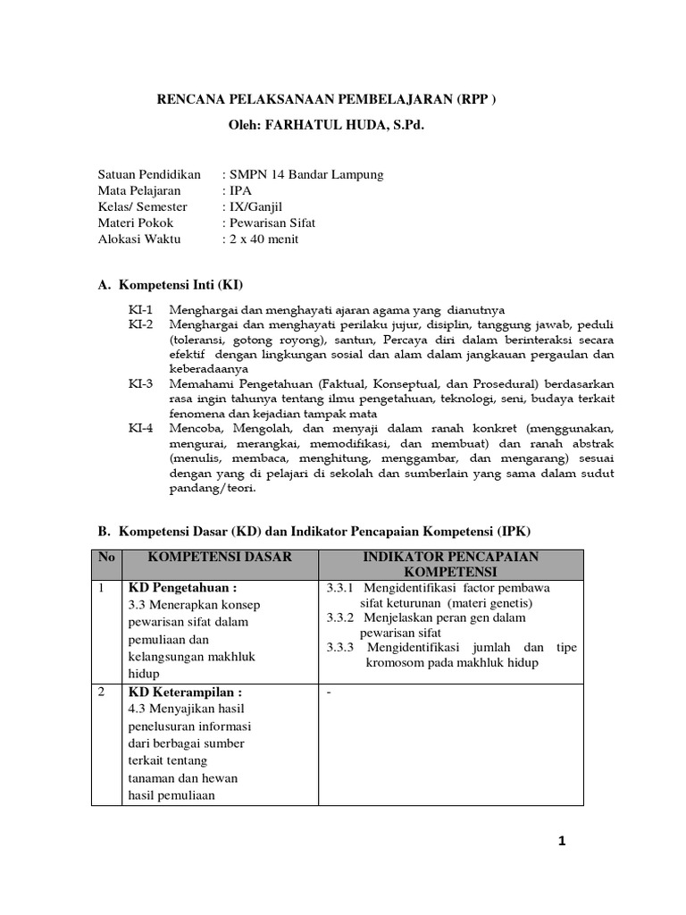 RPP - Pewarisan Sifat - Kelas 9 | PDF