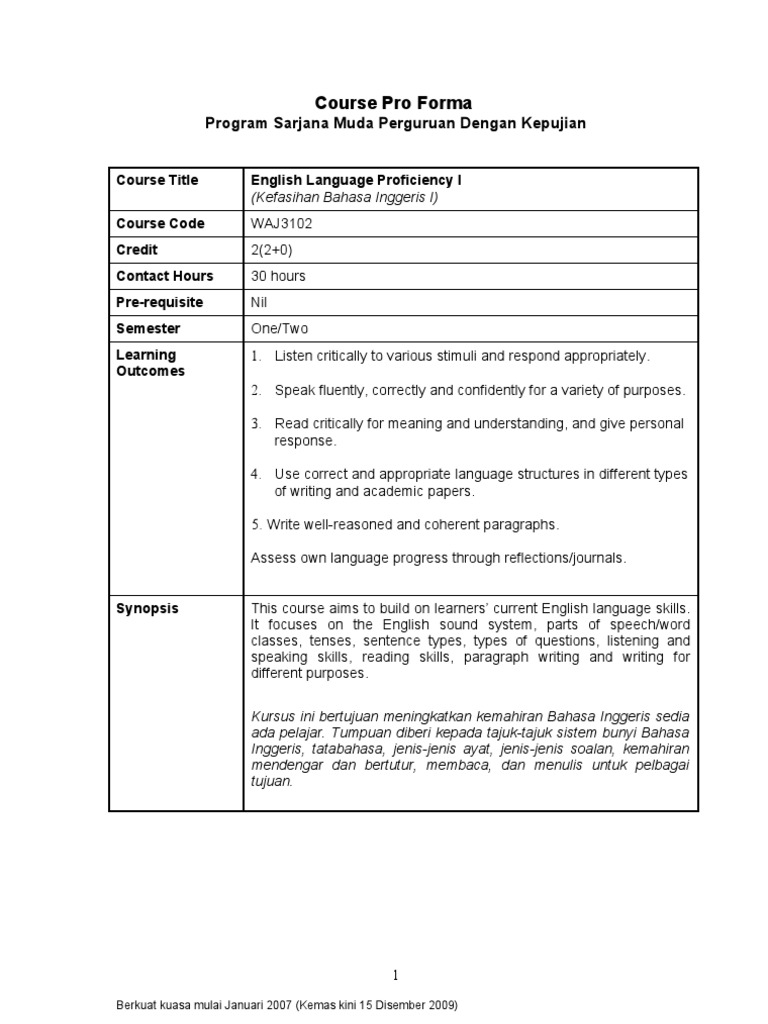 English Language Proficiency I Course | PDF | Language Arts ...