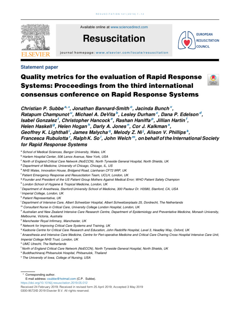 2019 Quality Metrics For The Evaluation of Rapid Response Systems | PDF | Intensive Care ...