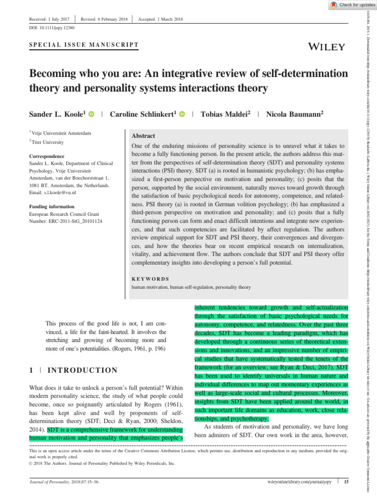 2018 - Koole Et Al. Becoming Who You Are An Integrative Review of Self Determination Theory ...