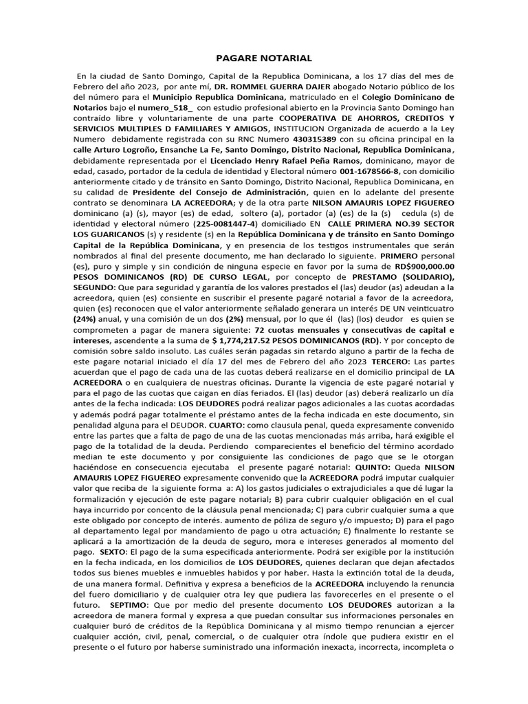 Pagaré Notarial RD$900,000 en Santo Domingo | PDF | Pagos | República ...