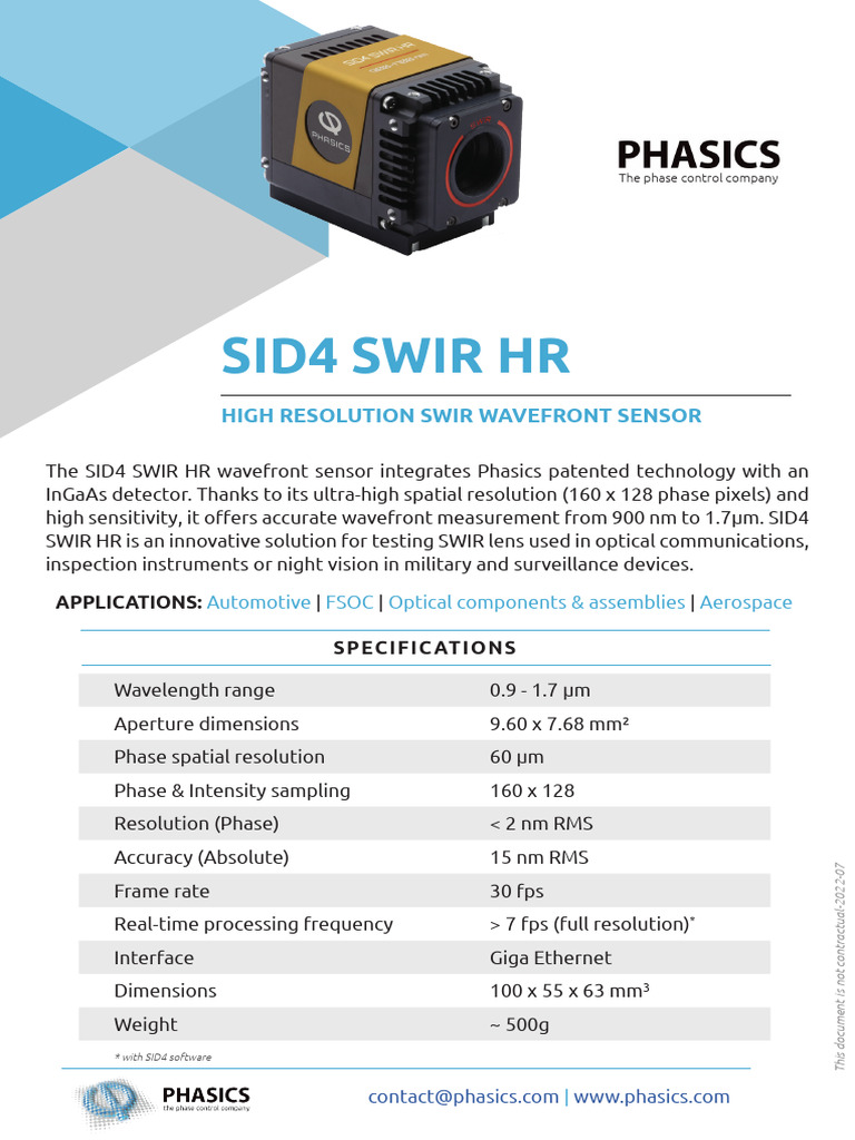 PHASICS-SID4-SWIR-HR-Specifications-Sheet-V3 | PDF