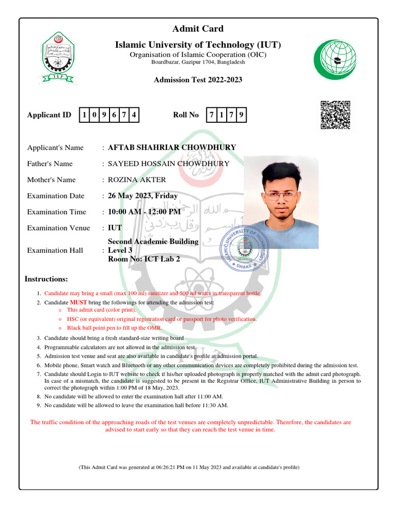 Iut Admission Test 2022 2023 Applicant Id 109674 Pdf Computing