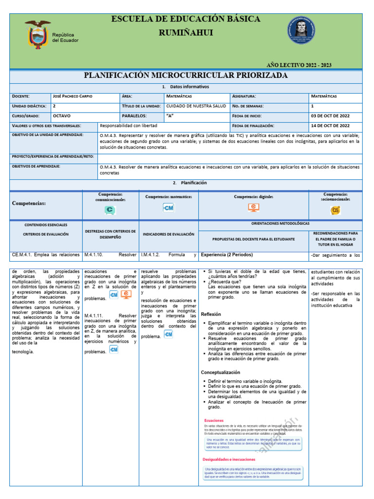 Planificación Matemática 8vo Grado | PDF | Ecuaciones | Matemáticas