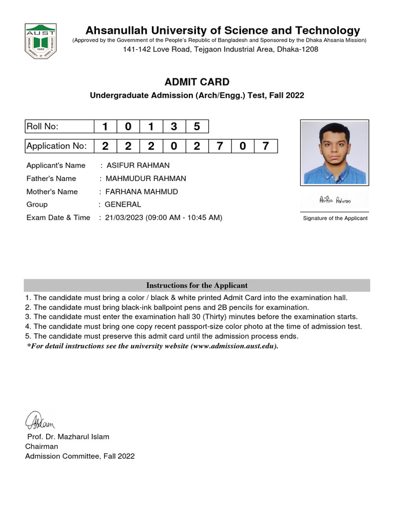 AUST Admit Card-22202707 | PDF