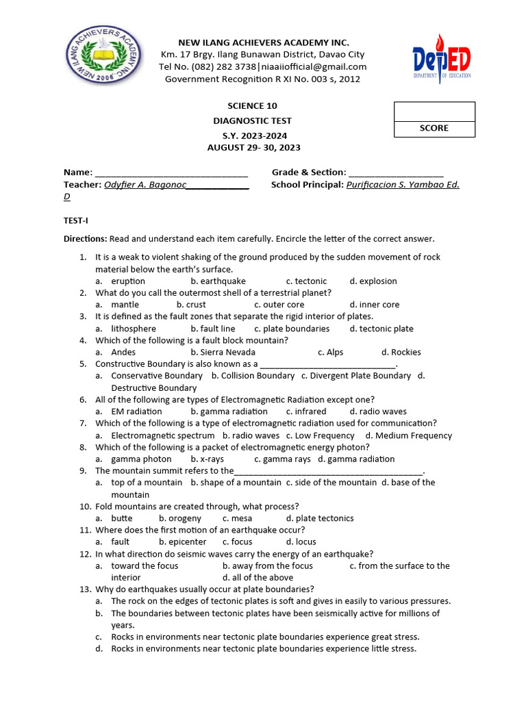 Niaa Science 10 Pre-Test | PDF | Travel | Science & Mathematics