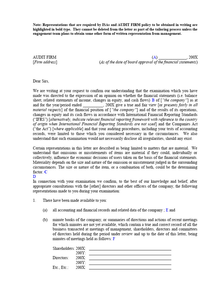 IFRS Representation Letter | PDF | Fair Value | Going Concern