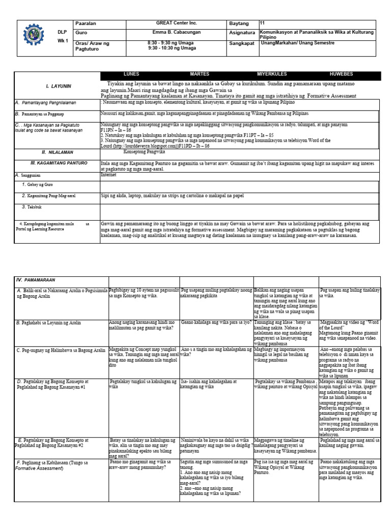 DLP komunikasyon filipino week 1 | PDF