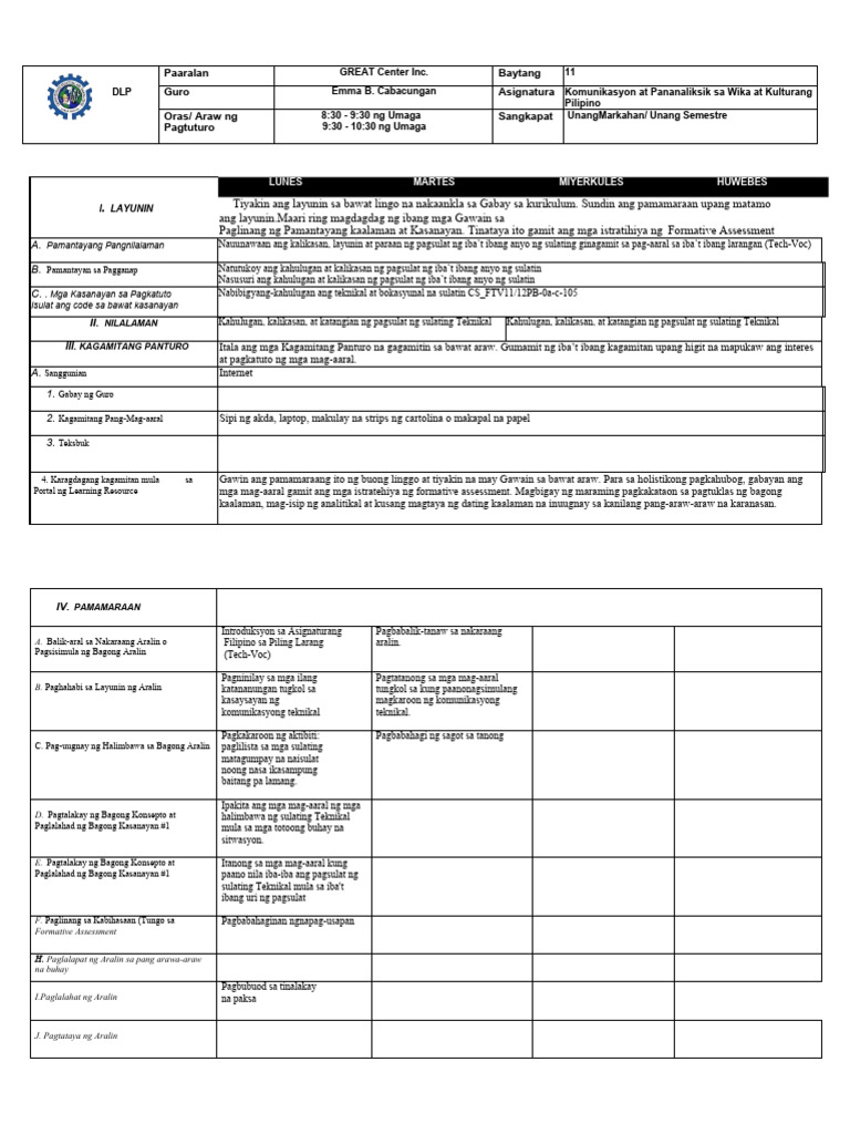 DLP Filipino Sa Piling Larang Week1 | PDF