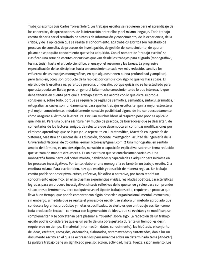 Trabajos Escritos Luis Carlos Torres Soler1 Los Trabajos Escritos Se ...