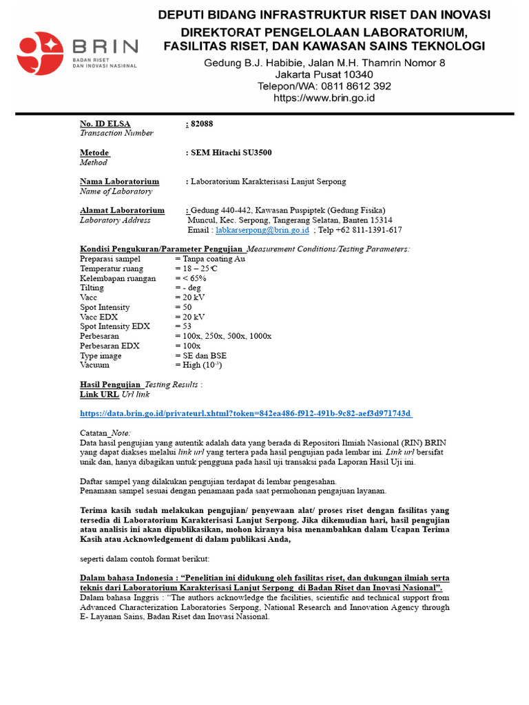 Laporan Uji SEM Hitachi SU3500 BRIN | PDF