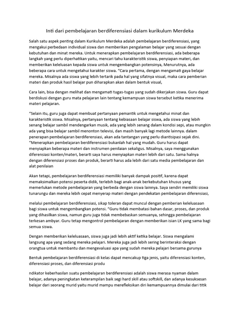 Pembelajaran Berdiferensiasi Dalam Kurikulum Merdeka | PDF