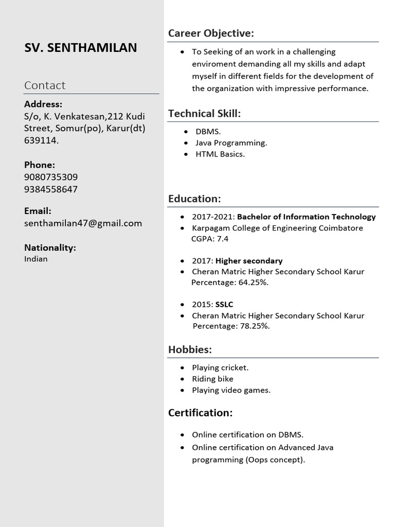 Senthamilan SV Resume | Download Free PDF | Java (Programming Language) | Computer Science