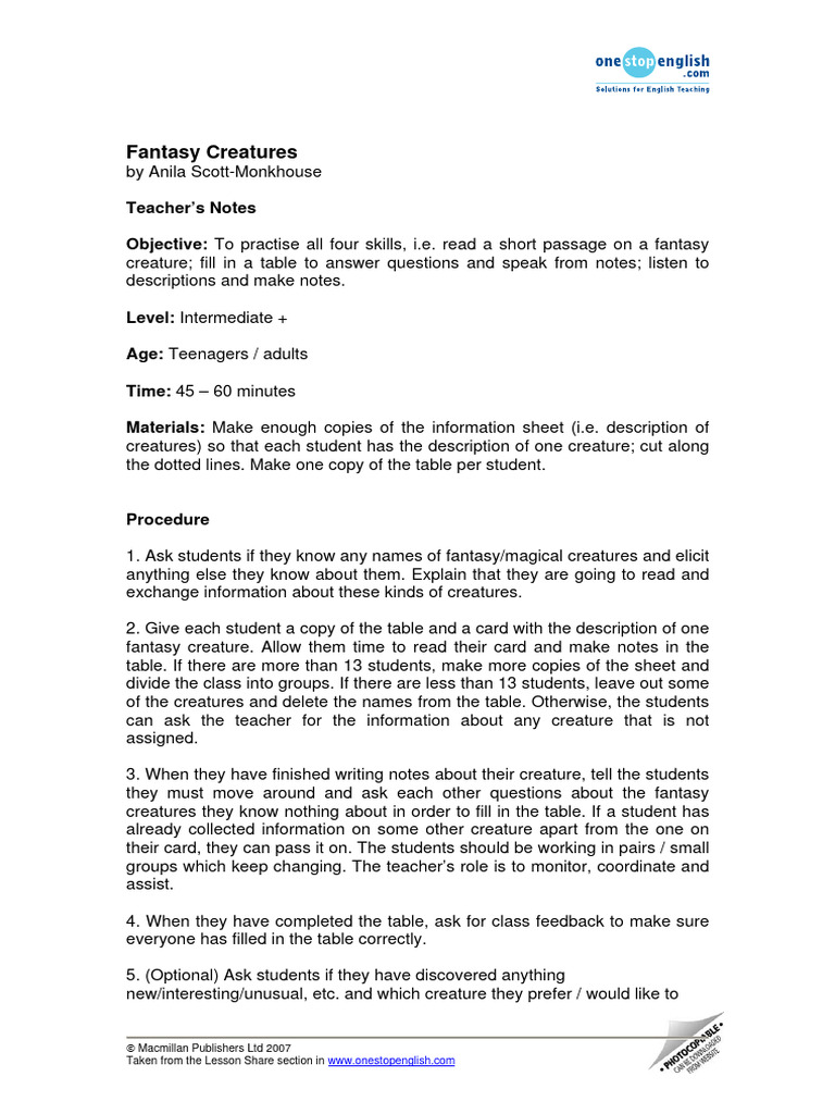 Reading Activity - Fantasy Creatures | PDF | Fairies | Leprechaun