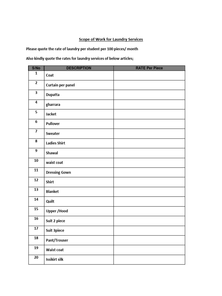 Laundry Service Rate Quotation Template | PDF