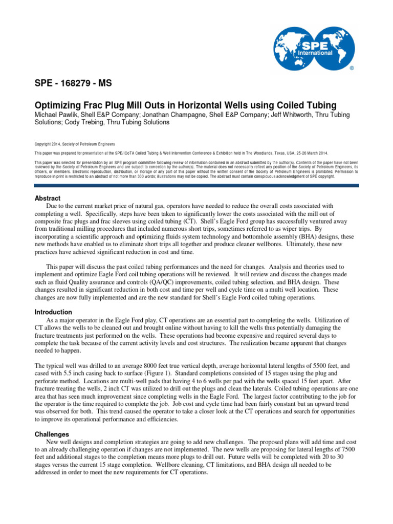 SPE168279 - Optimizing Frac Plug Mill Outs in Horizontal Wells Using ...
