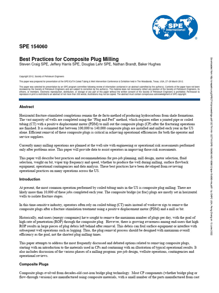 Spe-154060-Ms-Best Practices For Composite Plug Milling-BHI | PDF ...