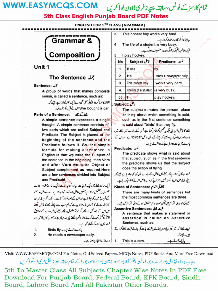 5th English Grammar Notes | PDF