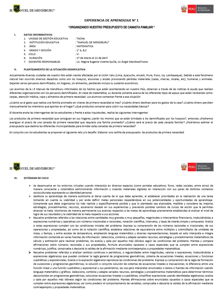 EXPERIENCIA DE APRENDIZAJE N°1- 1RO | PDF | Ecuaciones | Aprendizaje