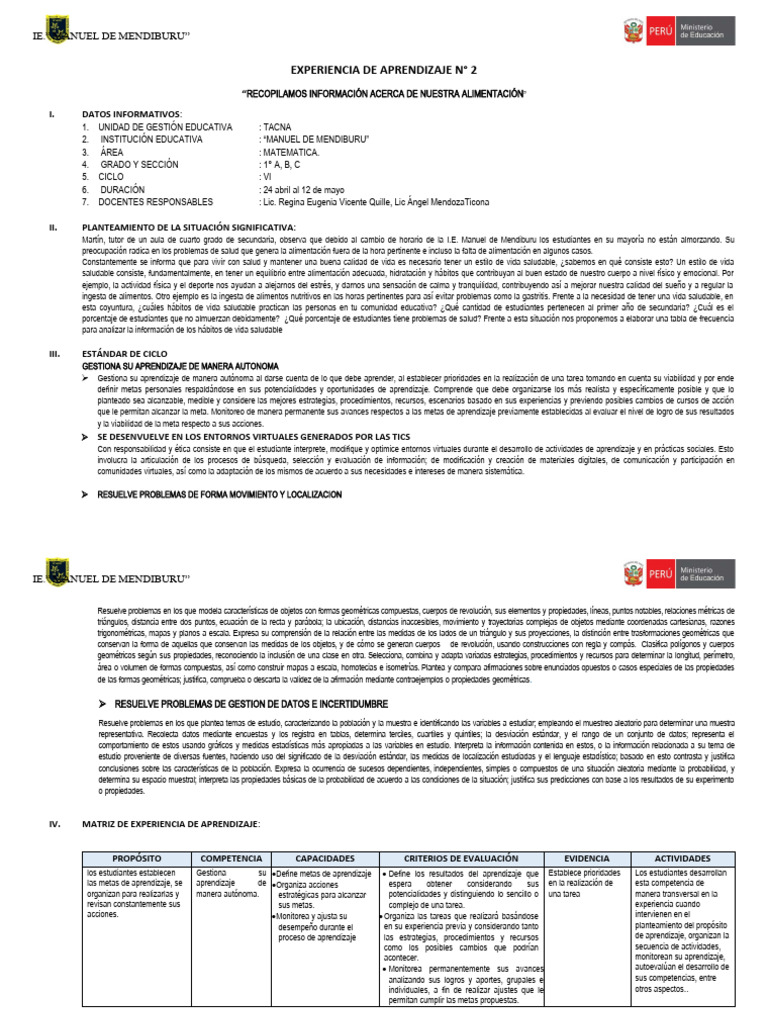 Experiencia de Aprendizaje N°2 - 1ro | PDF | Aprendizaje | Geometría