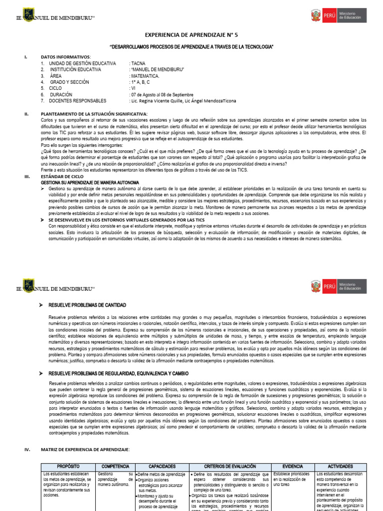 Experiencia de Aprendizaje N°5 - 1ro | PDF | Ecuaciones | Fórmula