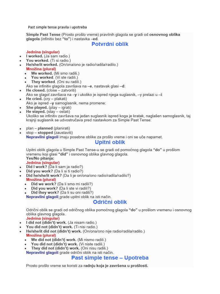 Past Simple Tense Pravila I Upotreba | PDF