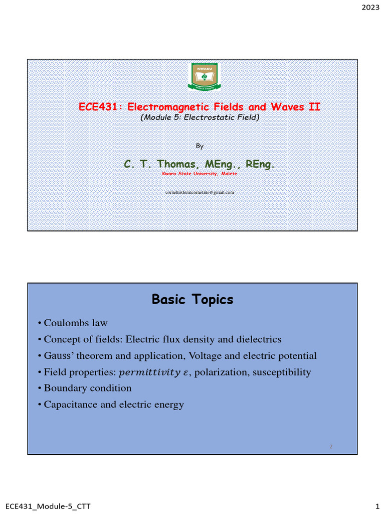 Module5 ECE431 2021-2022 Electrostatic-Fields | Download Free PDF | Flux | Permittivity