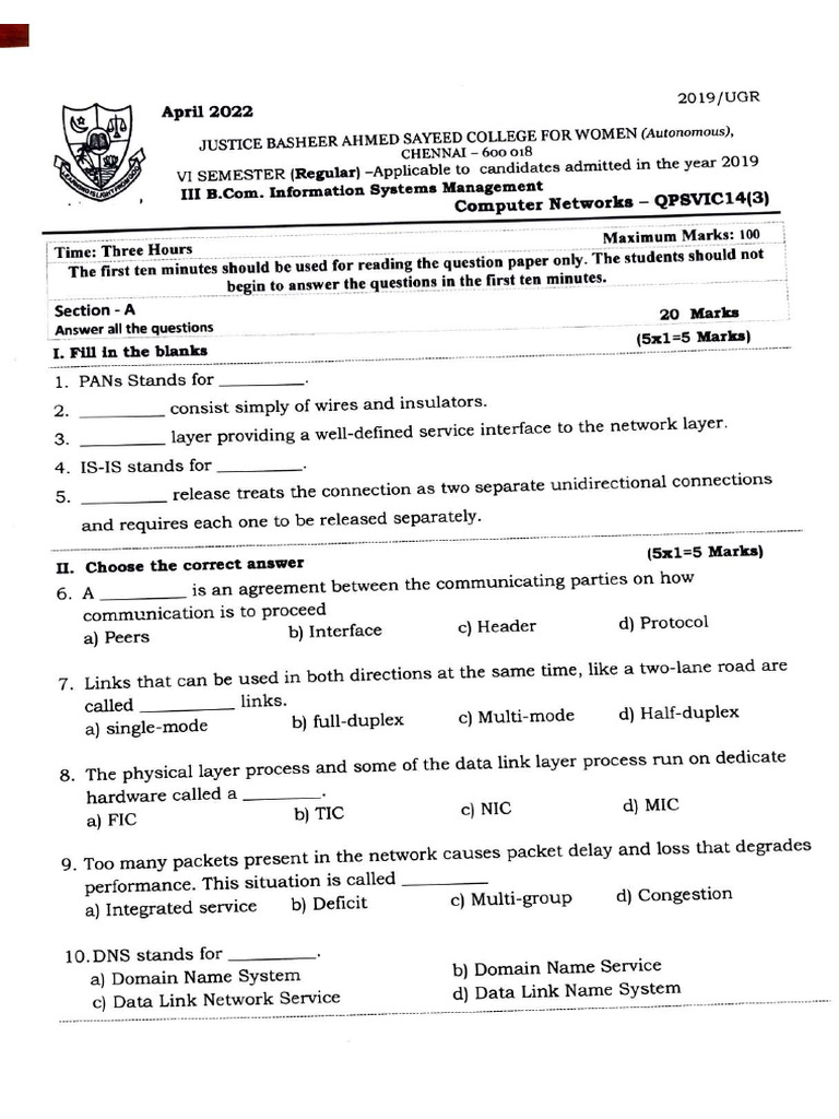 Computer Networks Sample Question Papers | PDF