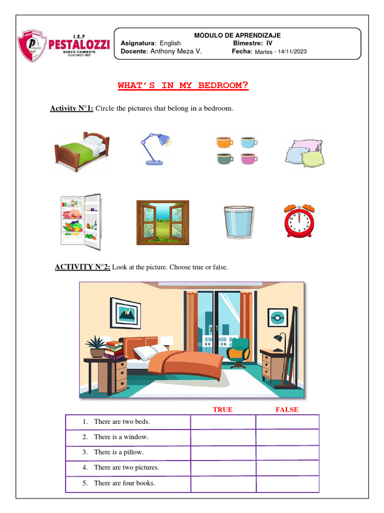 Bedroom Objects Worksheet for Kids | PDF