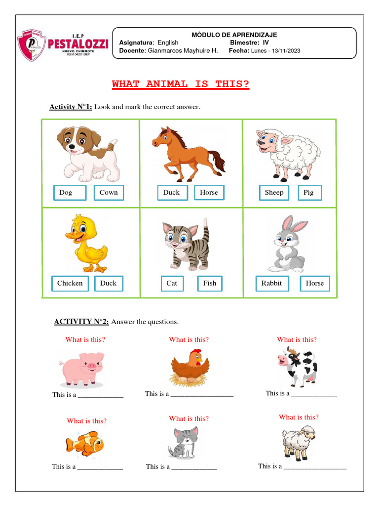 Worksheet (Pets and Animals of The Farm) | PDF
