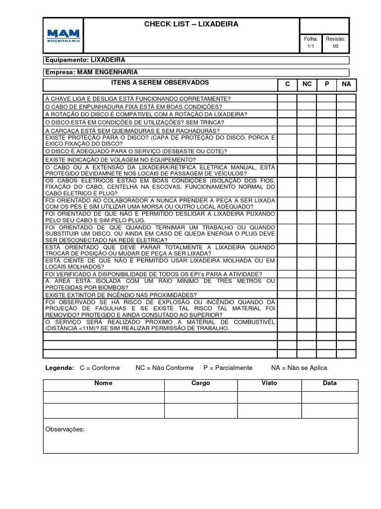 Check List Lixadeira | PDF