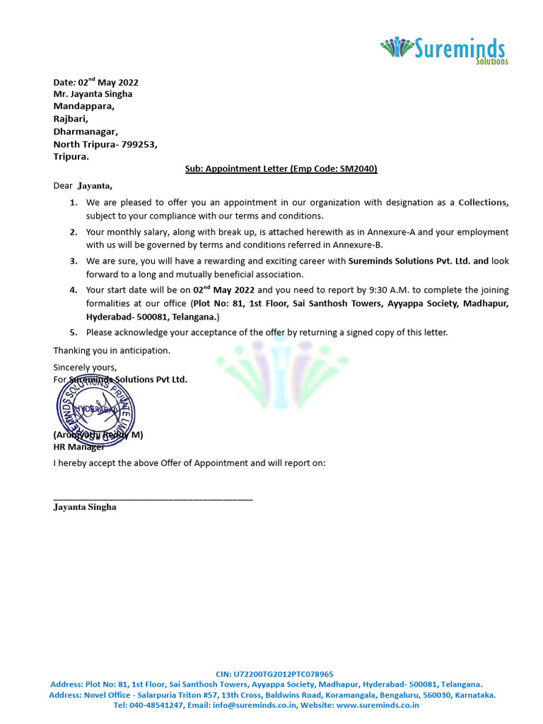 Jayanta Singha_Sureminds Appointment Letter | PDF | Government | Civil ...