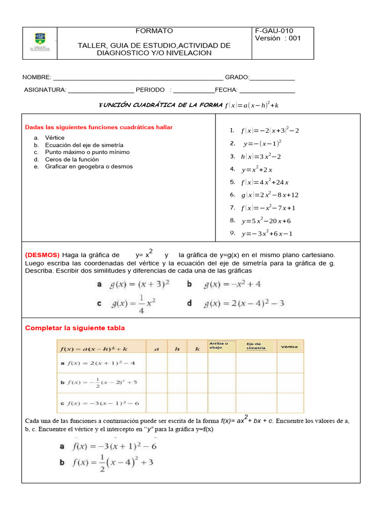 Taller Funcion Cuadrática | PDF | Matemáticas | Álgebra